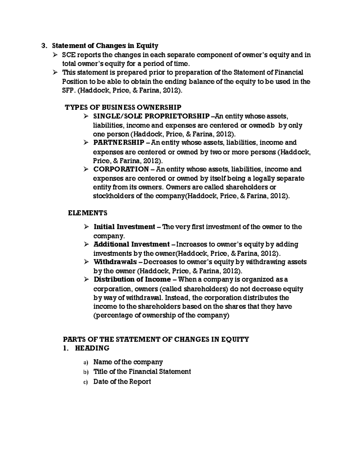 Statement Of Changes In Owner's Equity