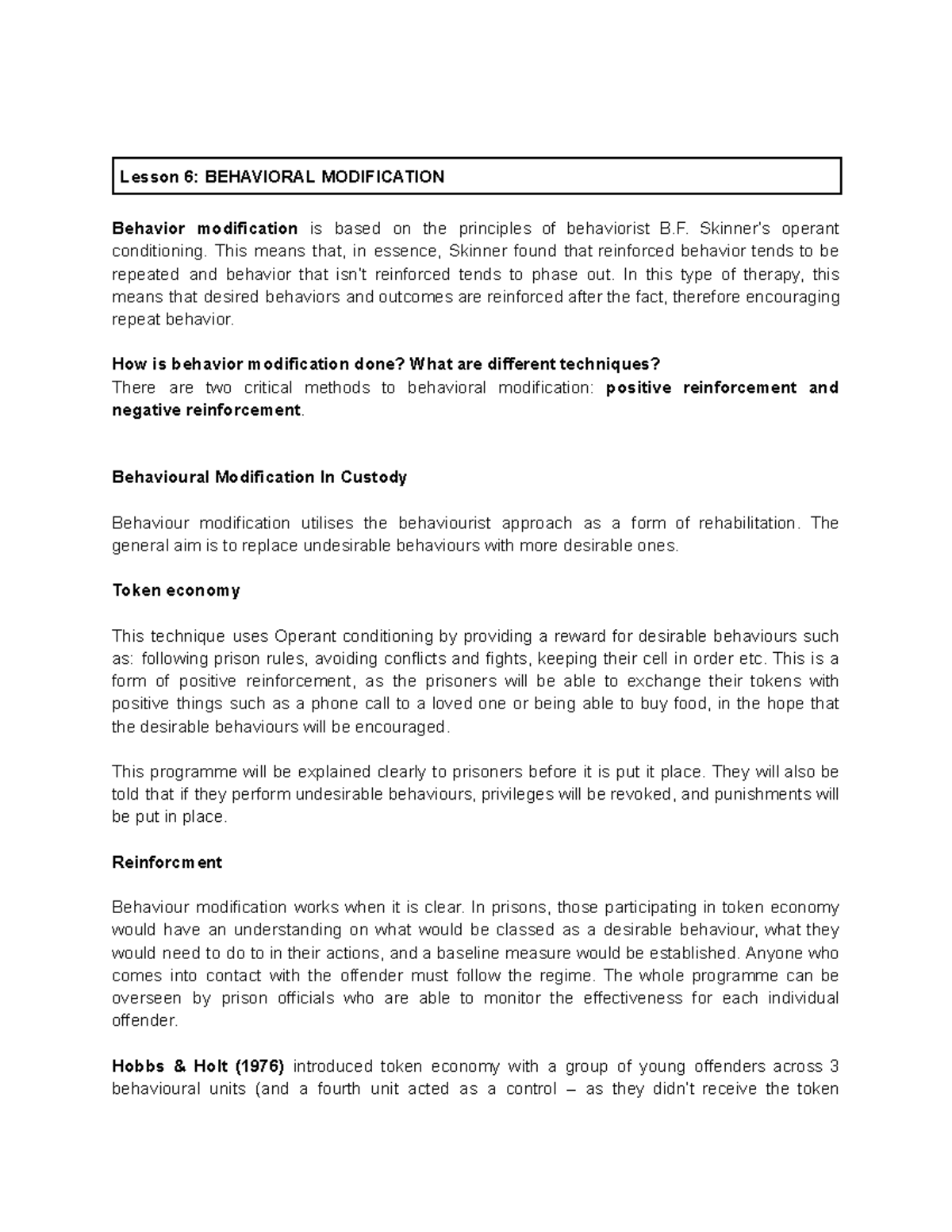 Therapeutic Modalities Lesson 6-10 - Lesson 6: BEHAVIORAL MODIFICATION Behavior modification is ...