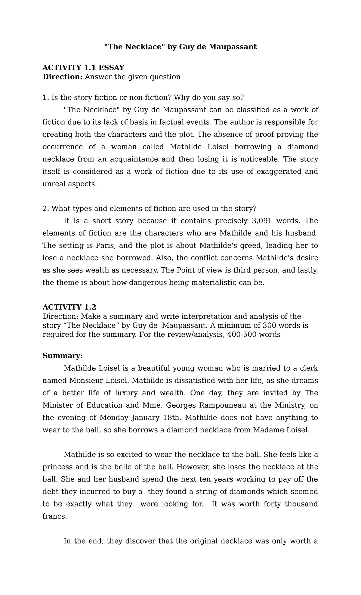 ENG 101 Essay Notes: Analysis of "The Necklace" by Guy de Maupassant ...
