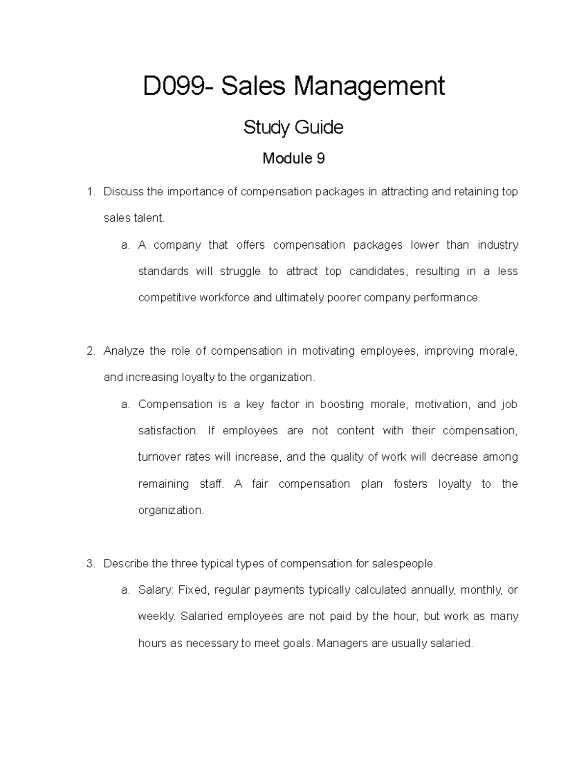 D099-Sales Management Module 9 - D099- Sales Management Study Guide Module 9 Discuss the ...