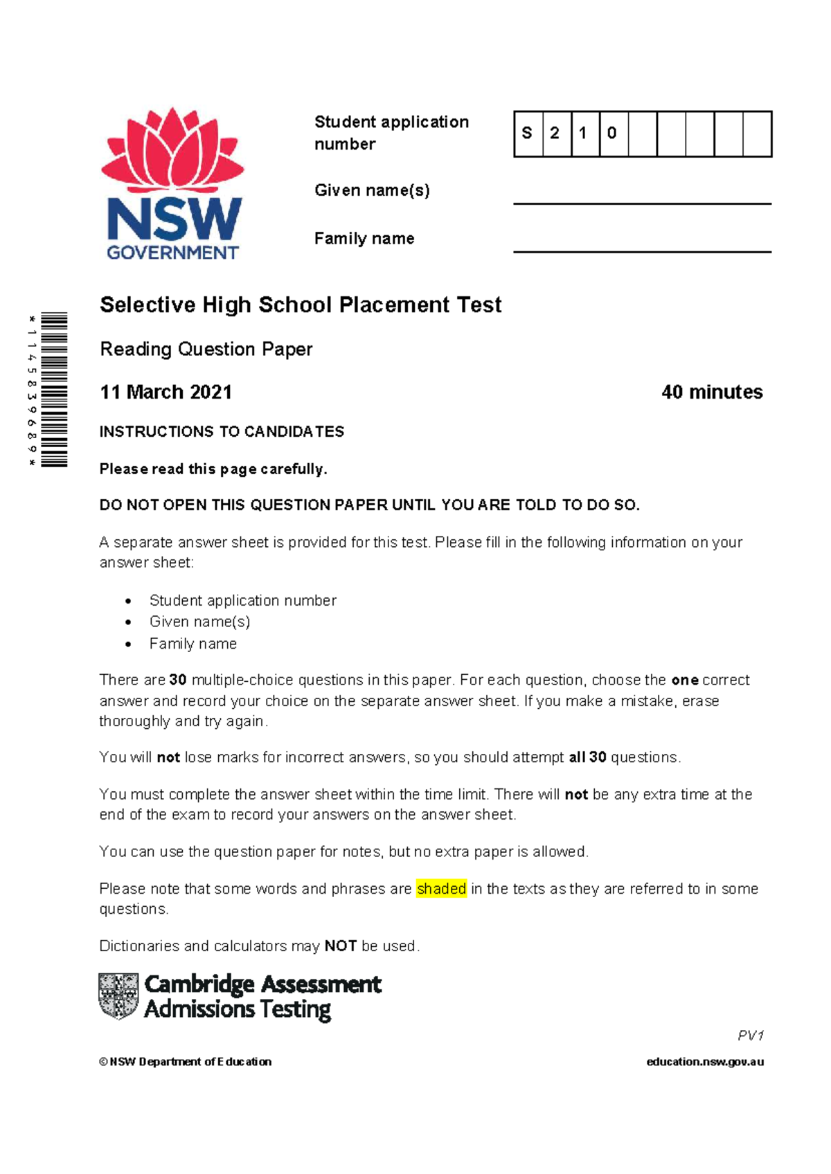 2021 Selective High School Placement Test Reading Questions - Studocu