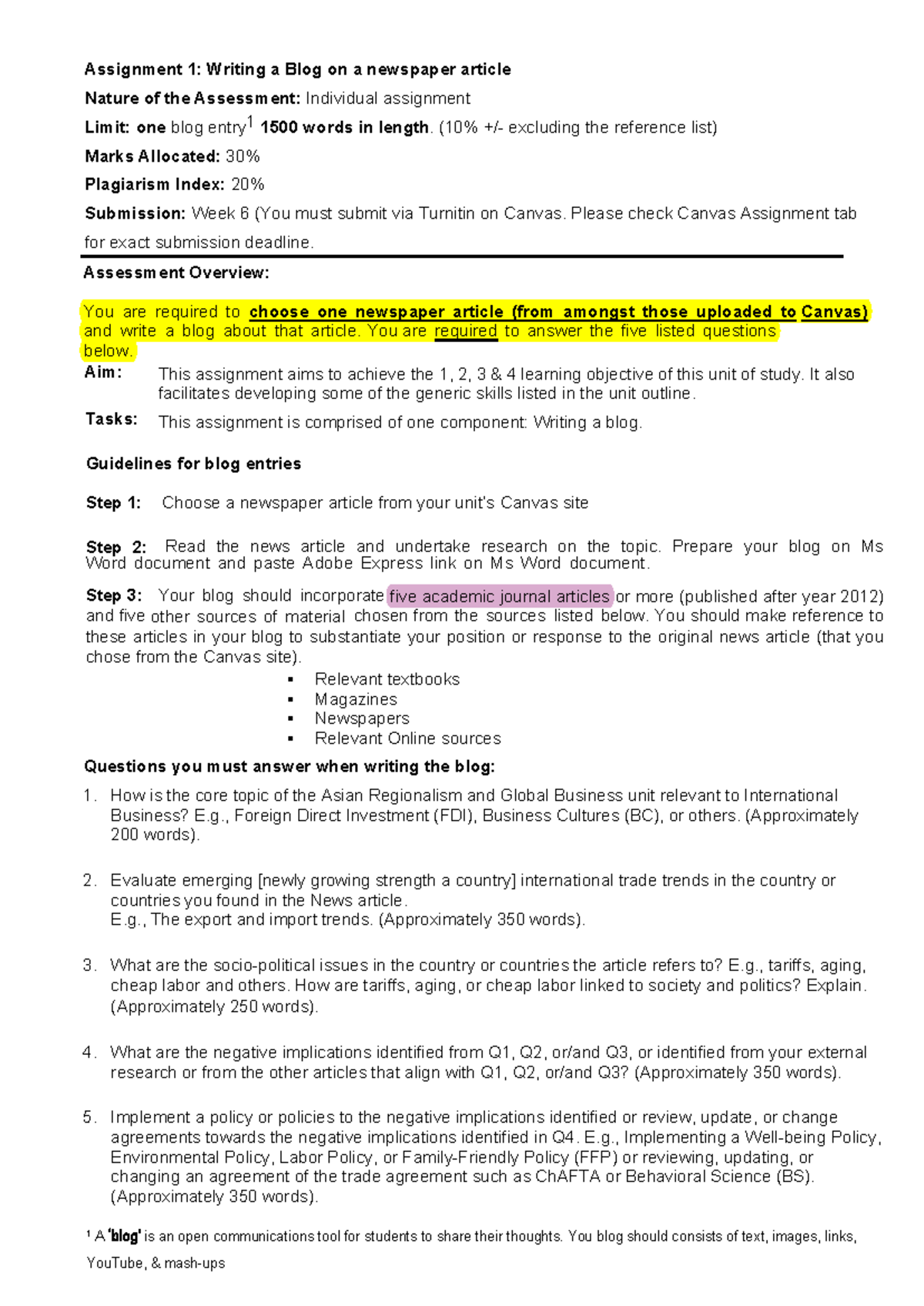 INB 2001 2 Assignment One – Blog Writing (Semester 1, 2024 ...