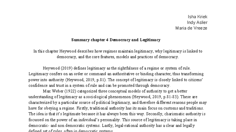 Summary of Chapter 4: Democracy and Legitimacy (Heywood) - Studeersnel