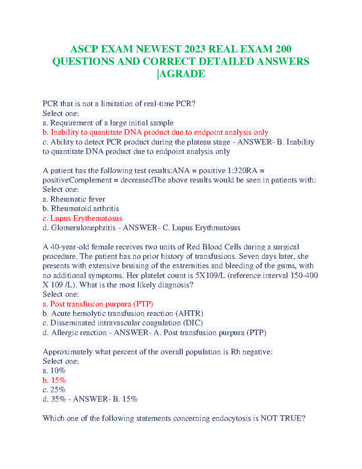 ASCP 2023 Final Exam Study Guide: 200 Questions with Answers - Studocu