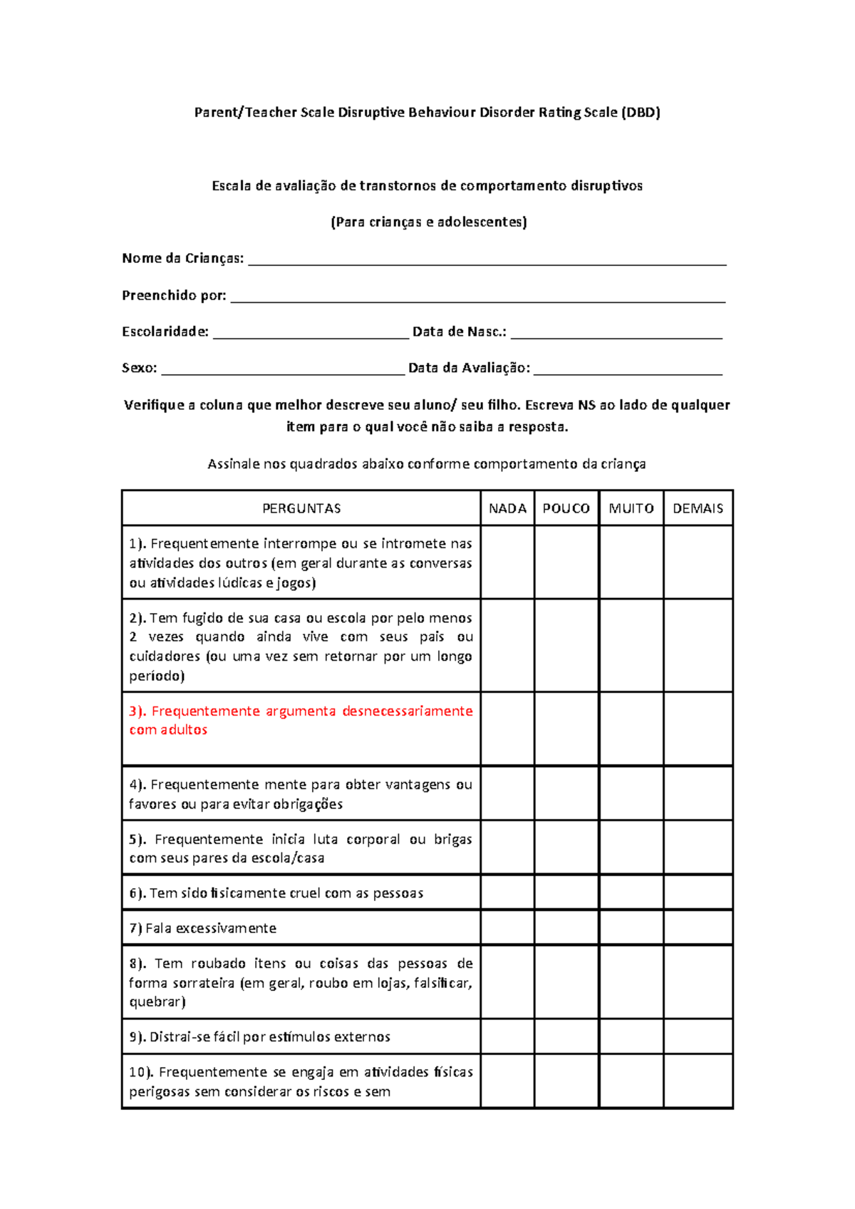 DBD Rating Scale for Disruptive Behavior in Children (514977457) - Studocu