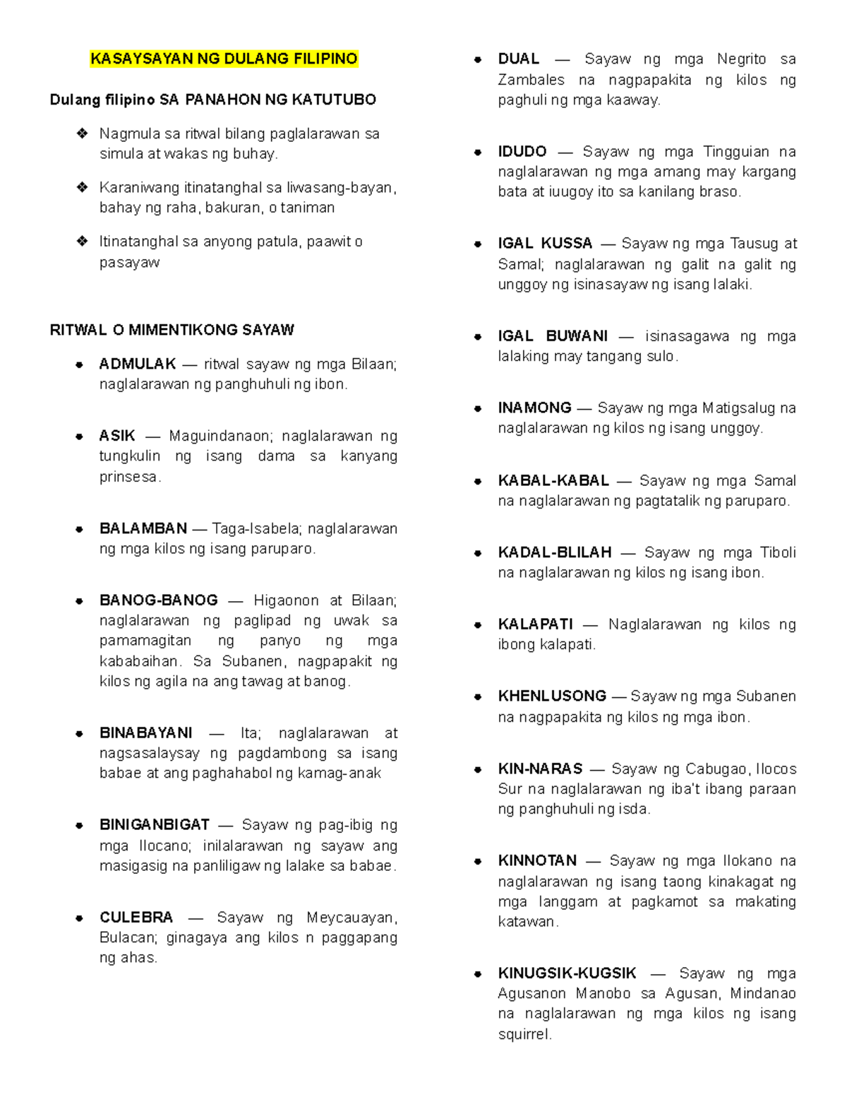 Dulaang Filipino: Mahahalagang Tala ng Kultura at Kasaysayan - Studocu