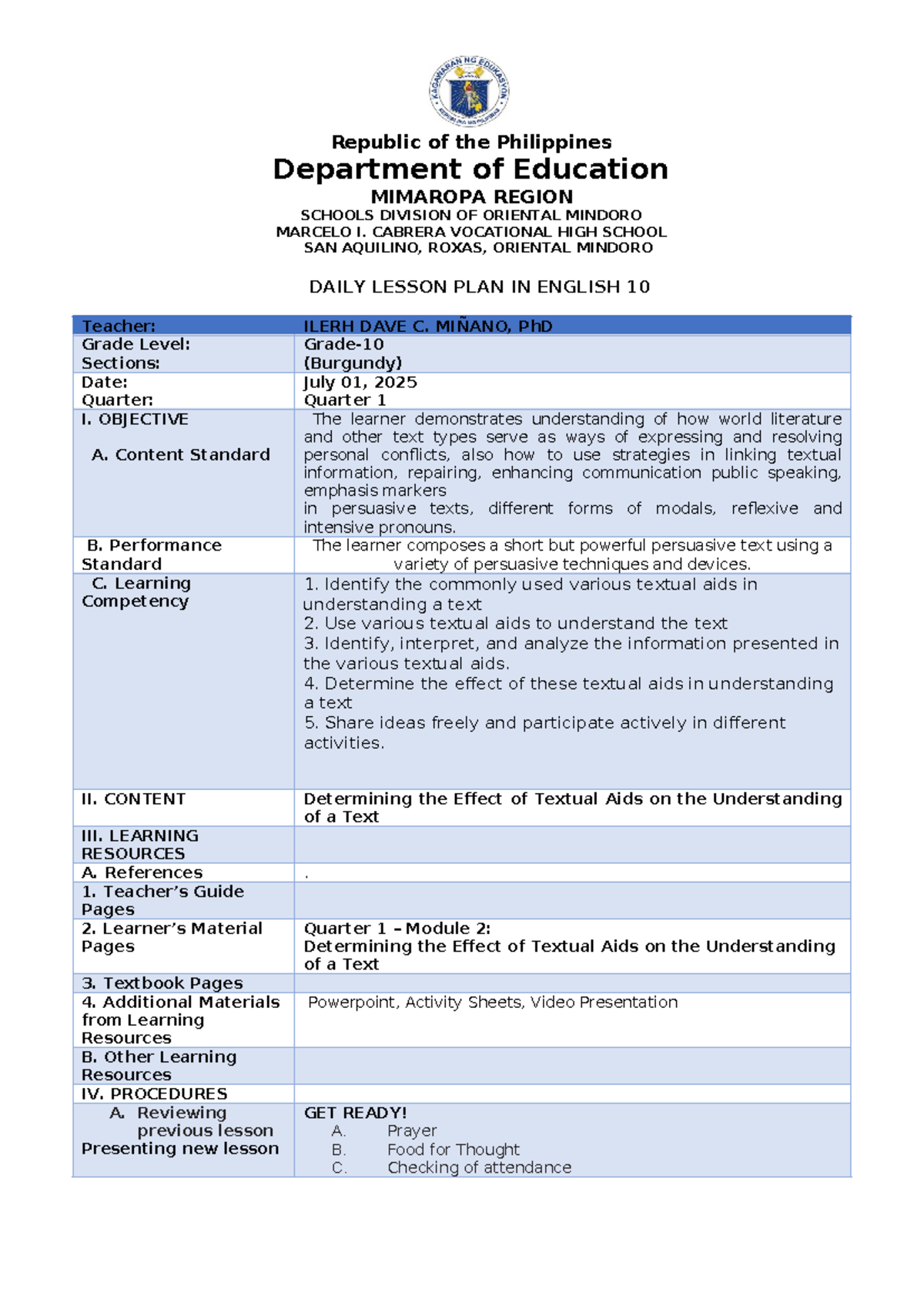 DLL-ENG-10 Daily Lesson Plan: Understanding Textual Aids (Q1) - Studocu