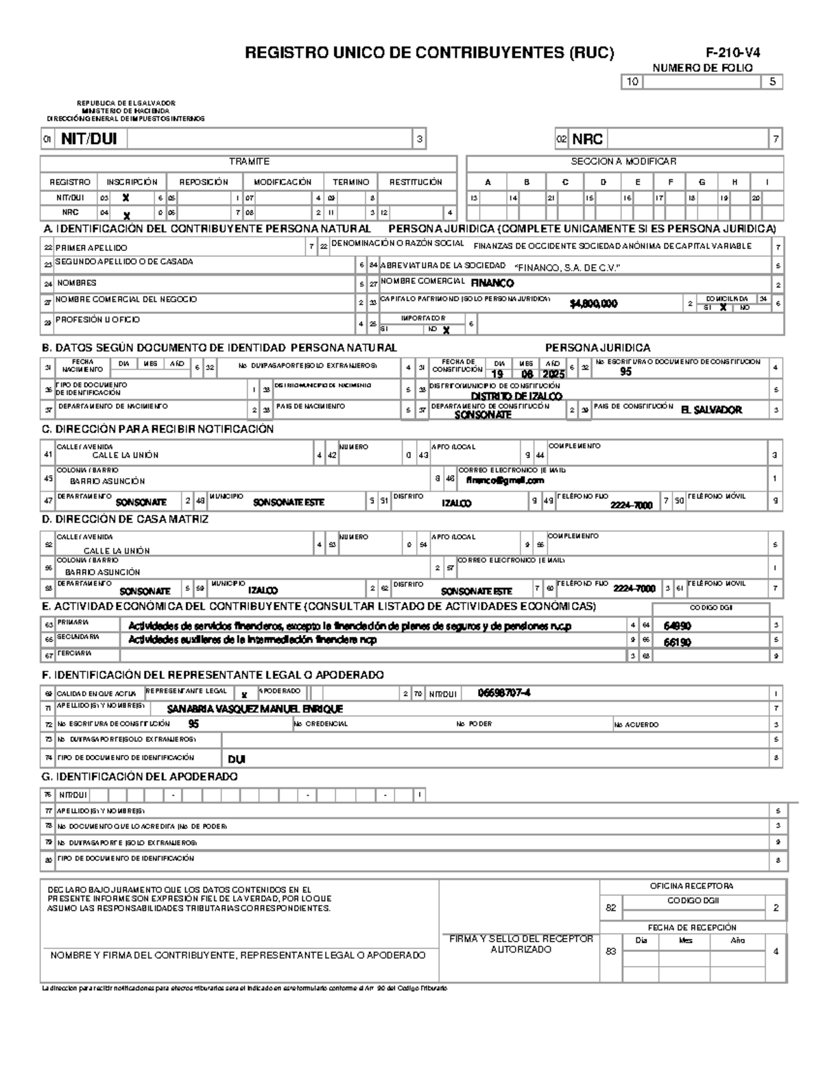 Registro Único de Contribuyentes (RUC) - Formulario F-210-V4 - Studocu