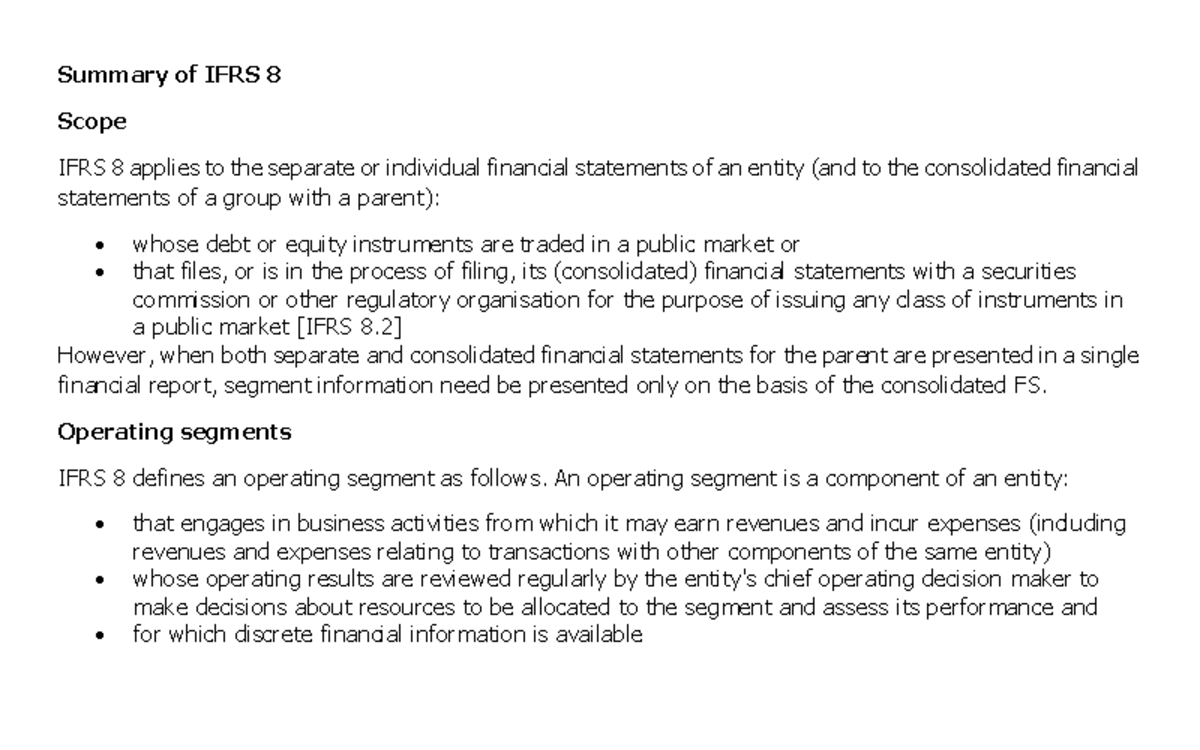 IFRS 8 Summary: Operating Segments and Reportable Segment Info - Studocu