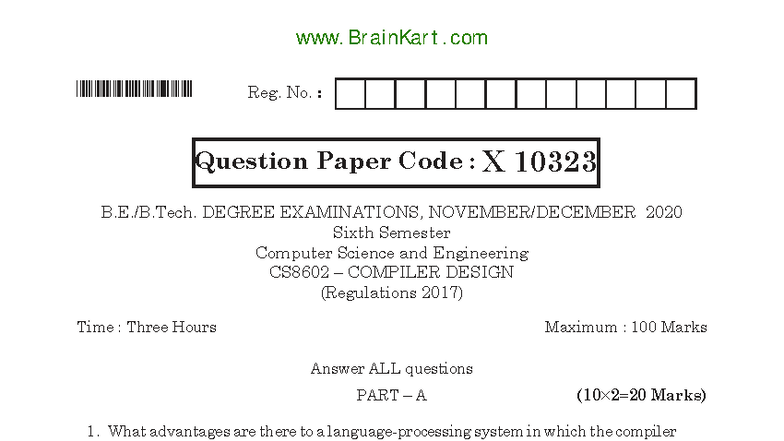 Compiler Design - CS8602 2017 Reg. - Question Paper Nov-Dec 2020 - Studocu