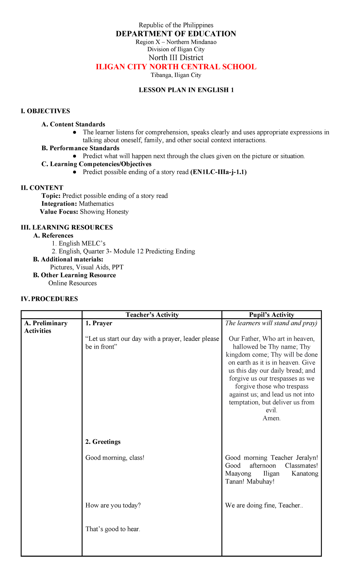 ENGLISH 1: FINAL LESSON PLAN ON PREDICTING STORY ENDINGS - Studocu