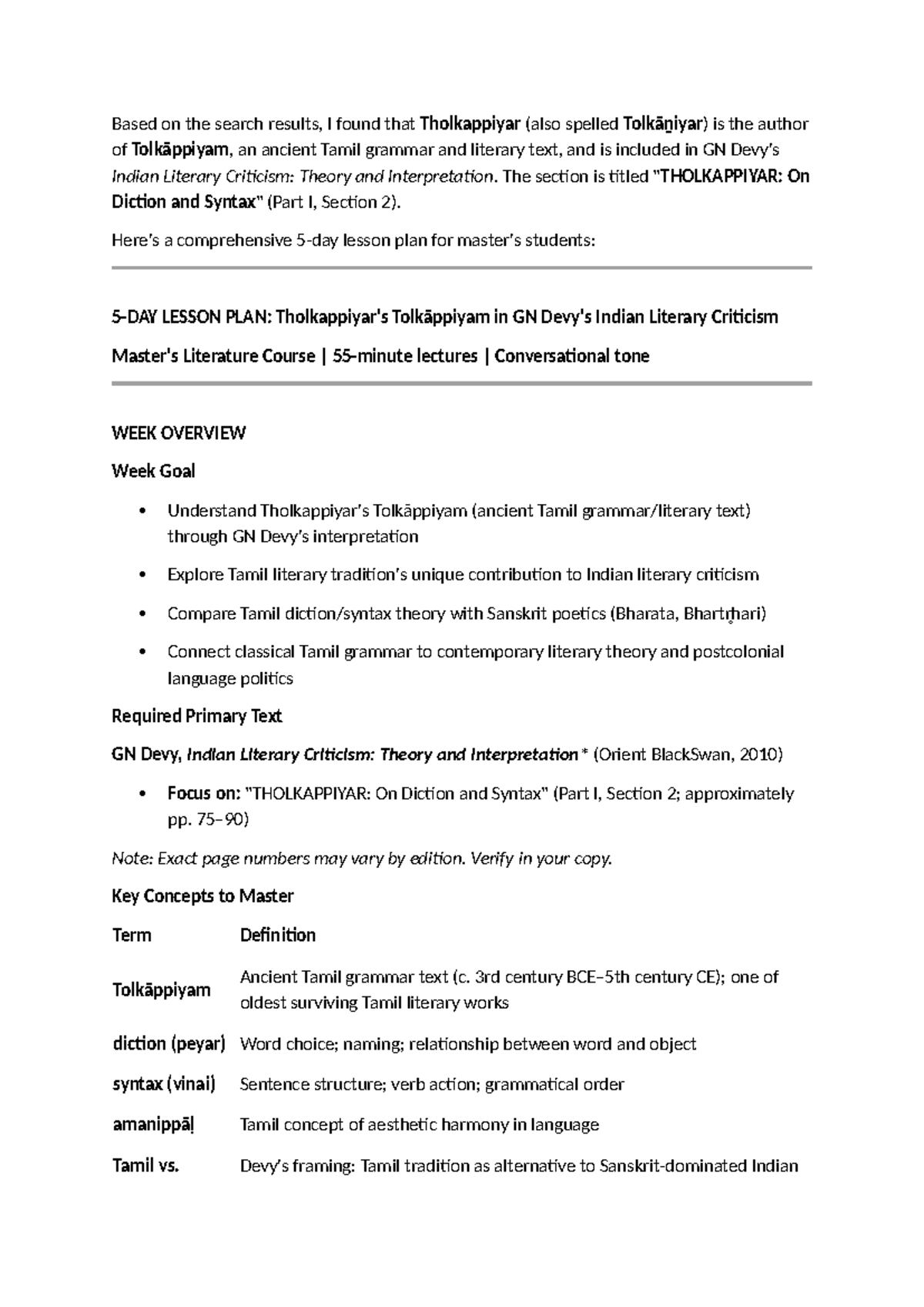 Lesson Plan: Understanding Tolkāppiyam in GN Indian Literary Criticism ...