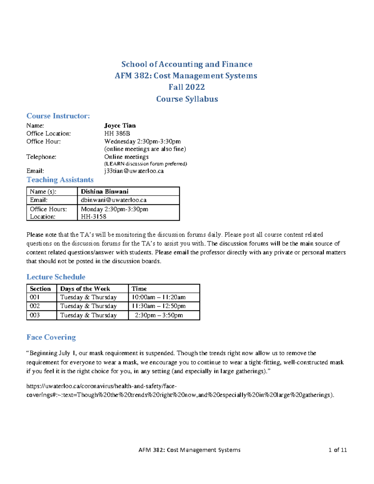 AFM382 Syllabus - Fall 2022 - School of Accounting and Finance AFM 382: Cost Management Systems ...