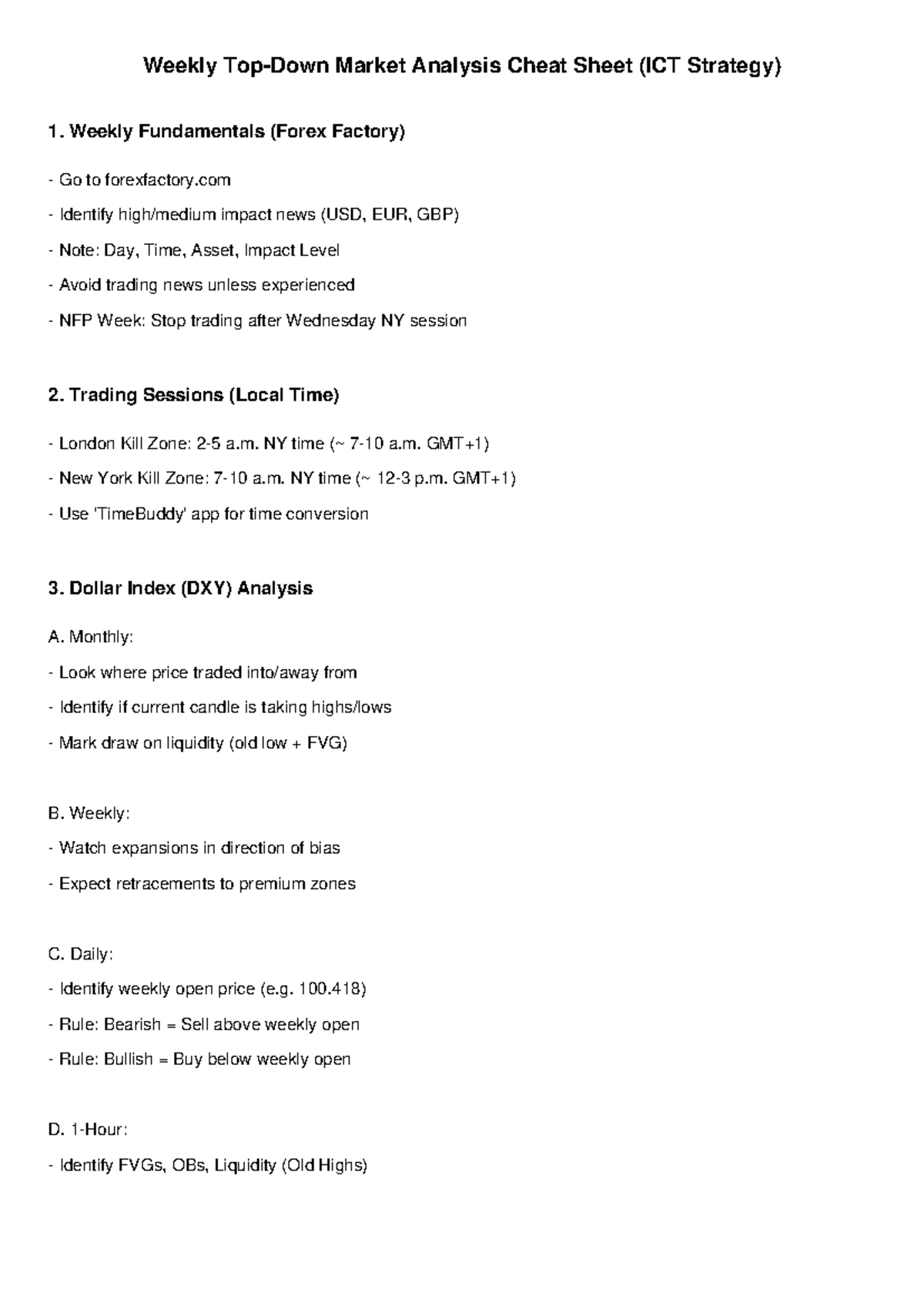 Weekly Market Analysis Cheat Sheet (ICT Strategy) - Studocu