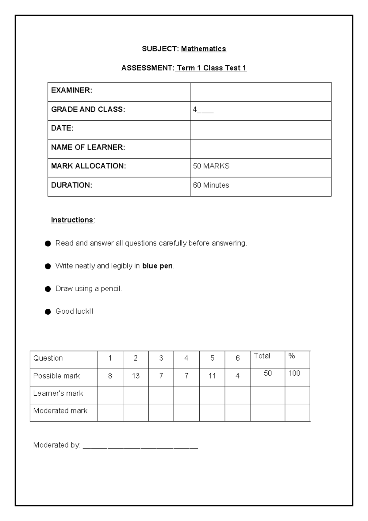Math Class Test 1 - This is a Grade 4 task. - SUBJECT: Mathematics ...