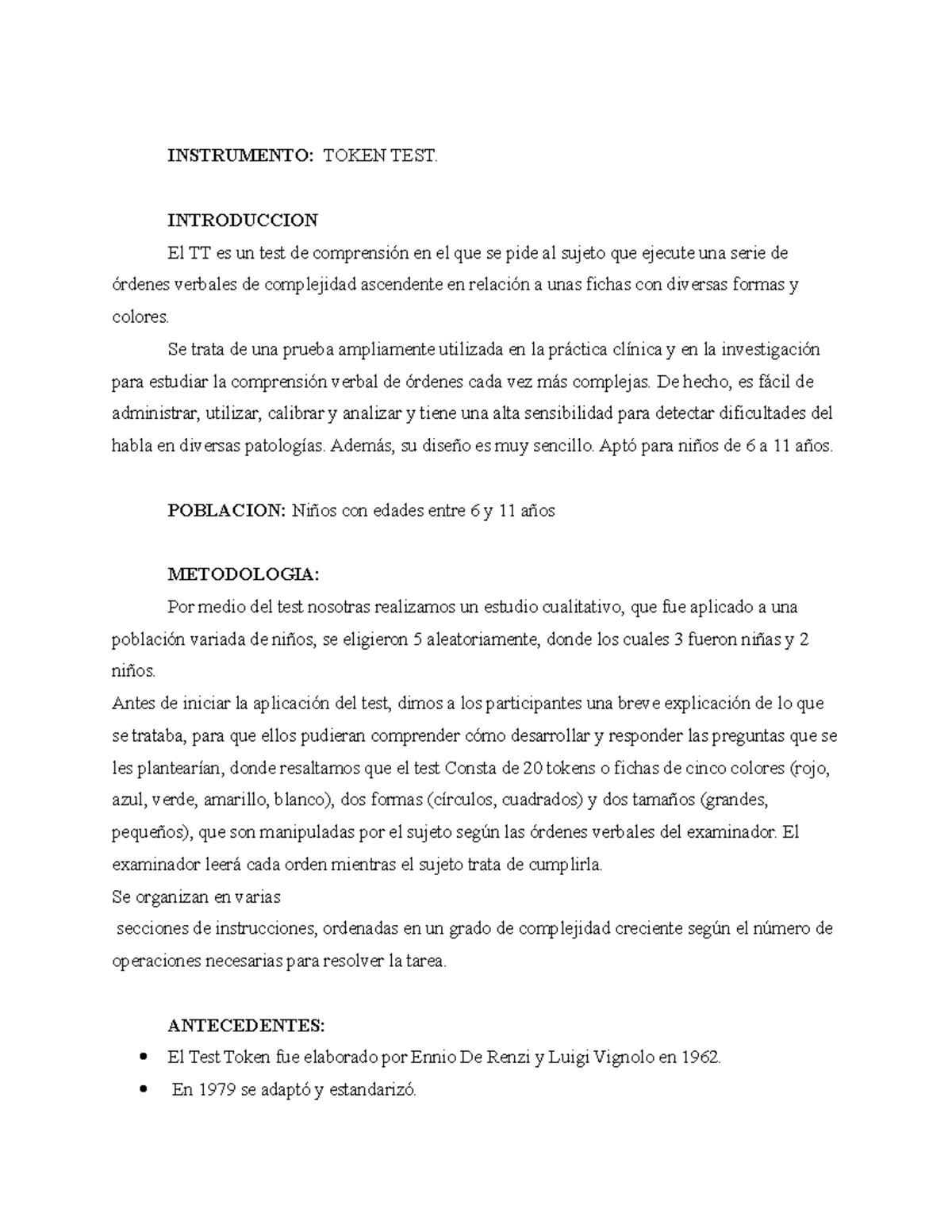 Token Test: Instrumento Final para Comprensión Verbal Infantil - Studocu
