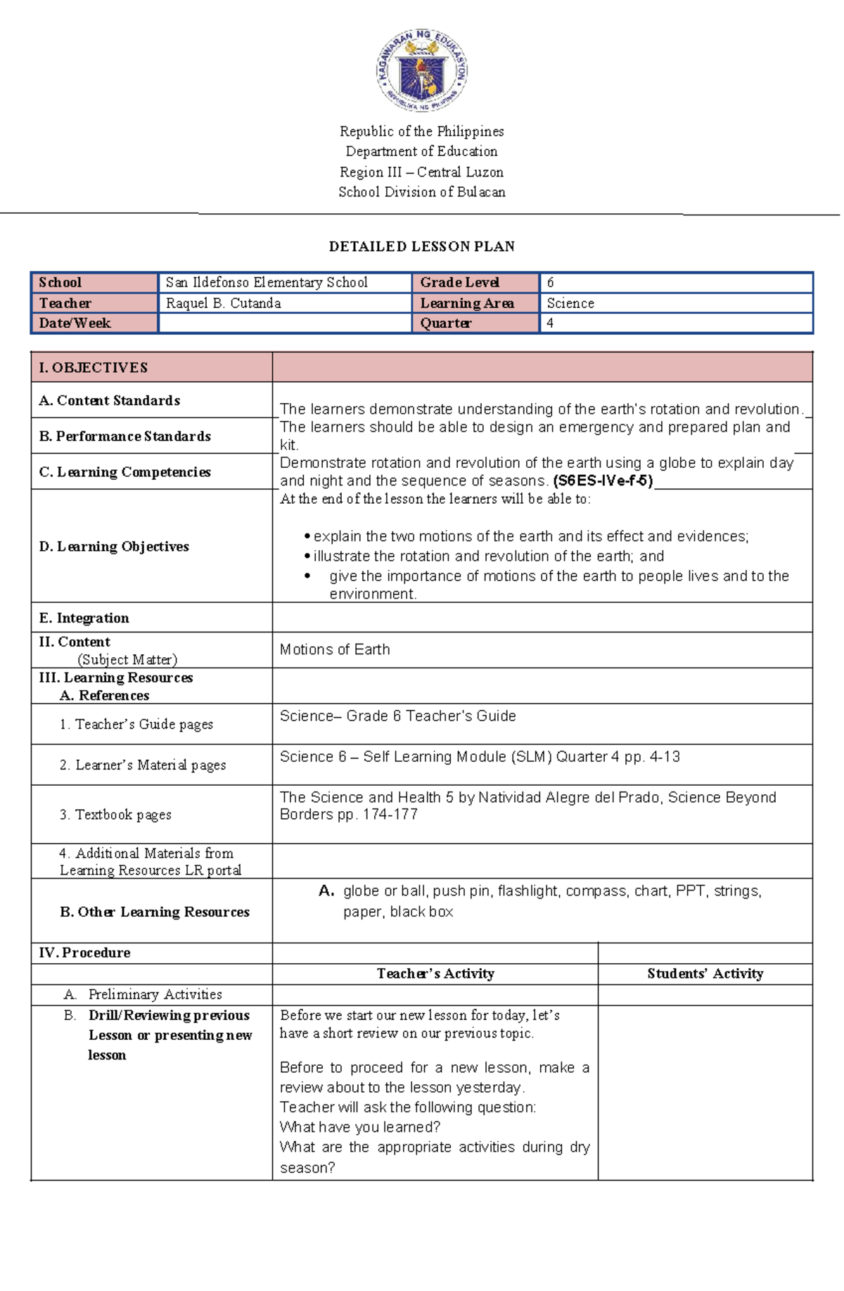 Detailed Lesson Plan: Motion of Earth for Grade 6 Science - Studocu