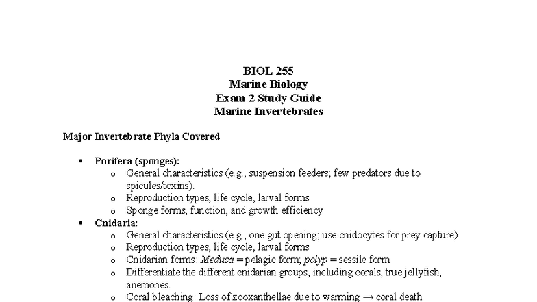BIOL 255 Marine Biology Exam 2 Study Guide: Invertebrate Phyla Overview ...