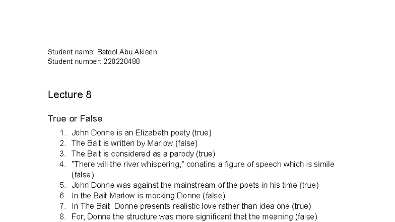ENG 101 Lecture 8 & 9: True/False & MCQ on John Donne - Studocu