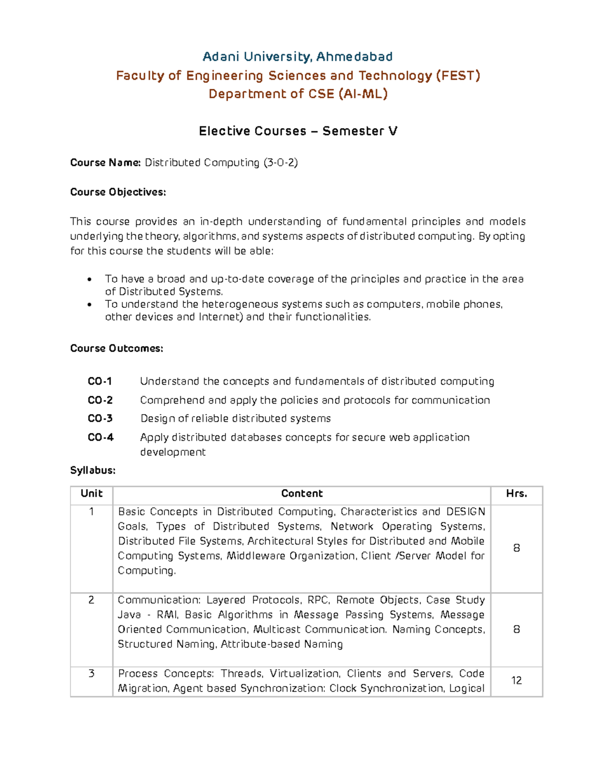 Elective Courses Syllabus for CSE: Distributed Computing & Cyber ...