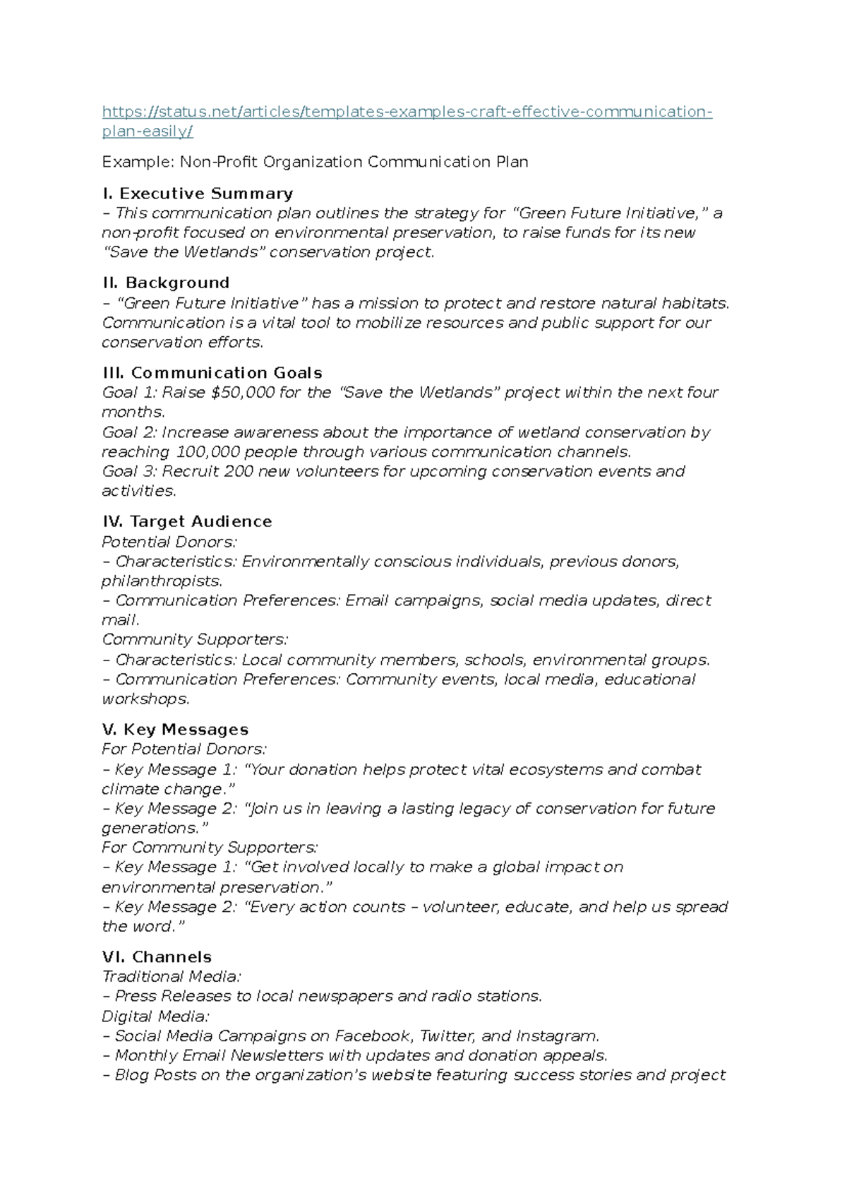 Comms Plan for NPO: Environmental Conservation Strategy - Studocu