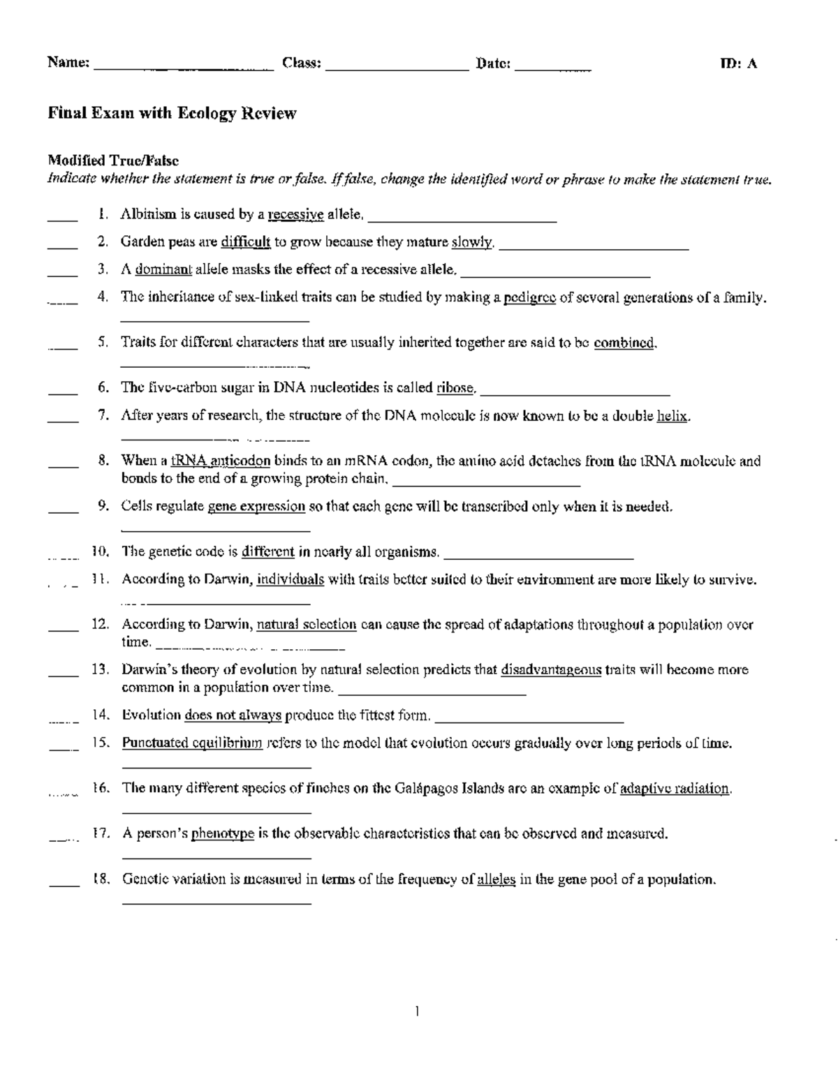 1rev - A review to study for biology exam - Name: Class: Date: ID: A ...