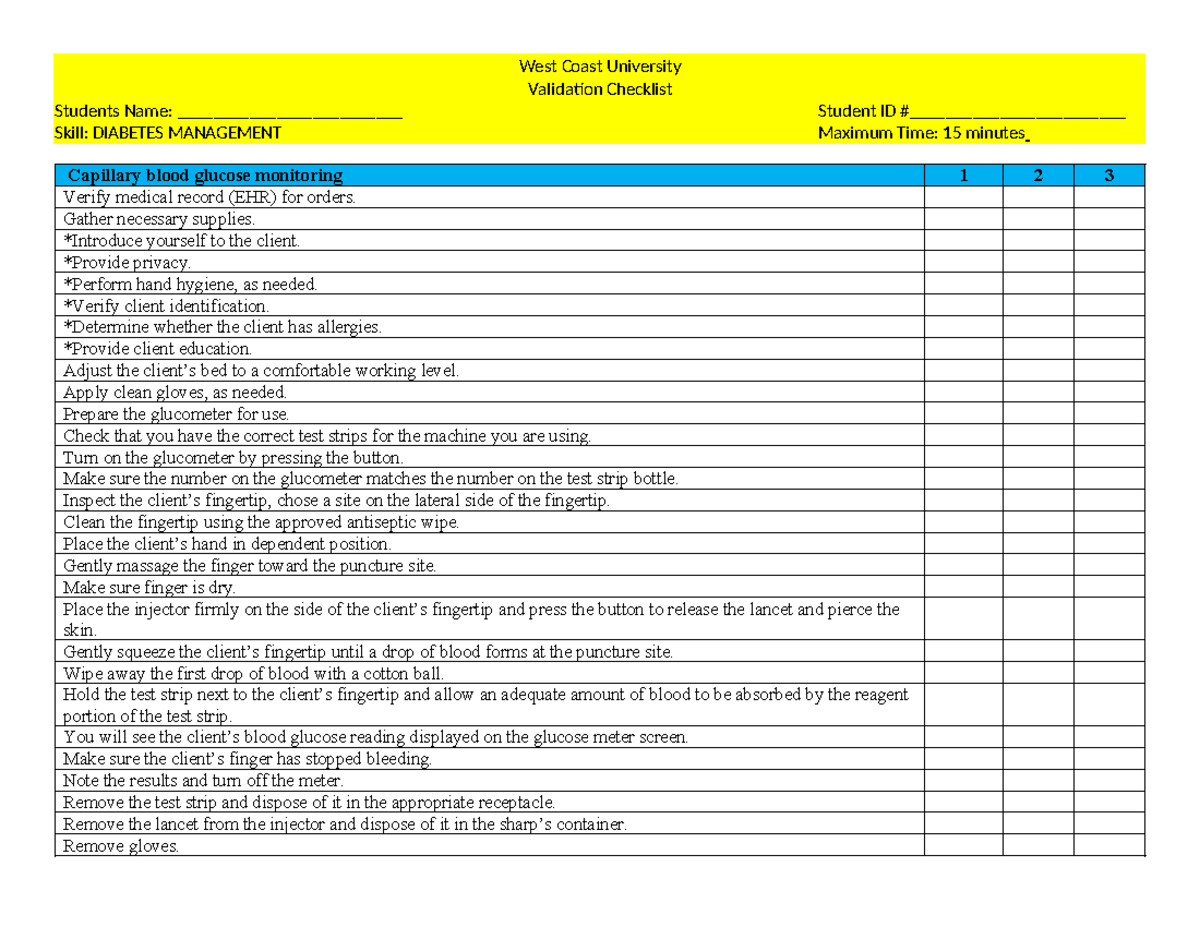 Diabetes Management Skills Validation Checklist 08182023 - Studocu