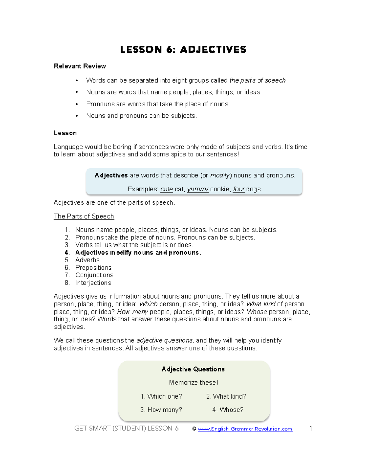 Grammar Revolution: Adjectives in Lesson 6 Worksheet - Studocu