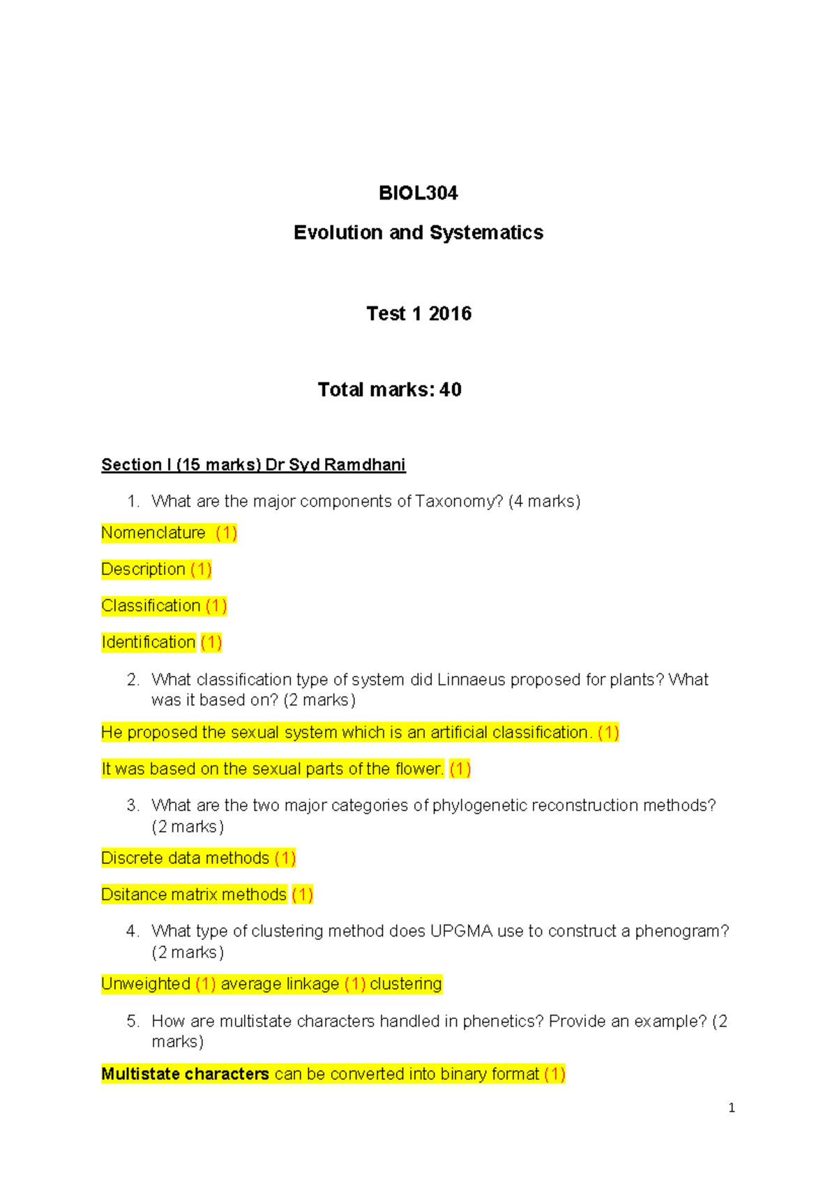 Test1 2016 memo - Questions answers for tutorials - 1 BIOL Evolution ...