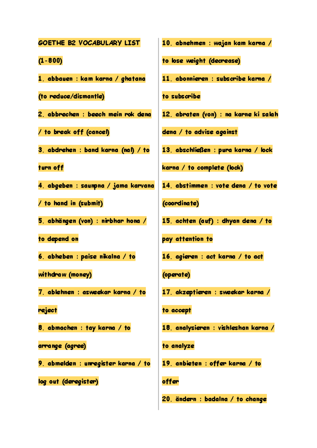 GOETHE B2 VOCABULARY LIST (1-800) - Comprehensive Word Guide - Studocu