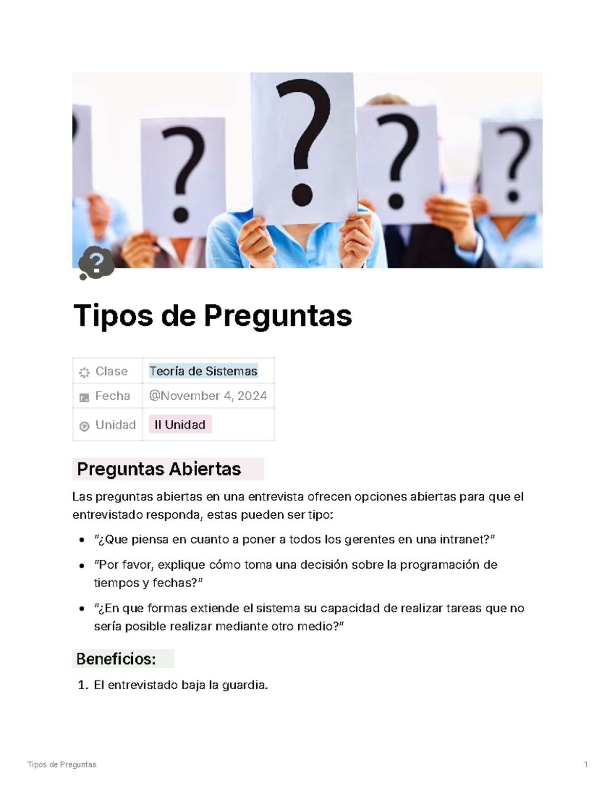 Tipos de Preguntas - Tipos de Preguntas Clase Teoría de Sistemas Fecha Unidad II Unidad ...