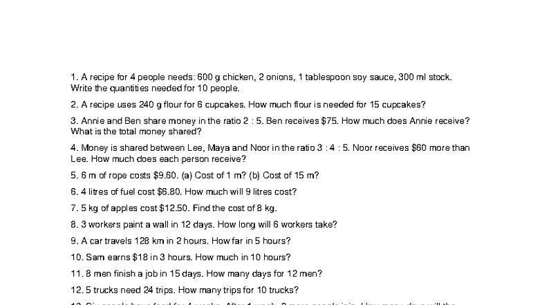 Y9 Proportion Worksheet: Solving Ratios and Costs - Studocu