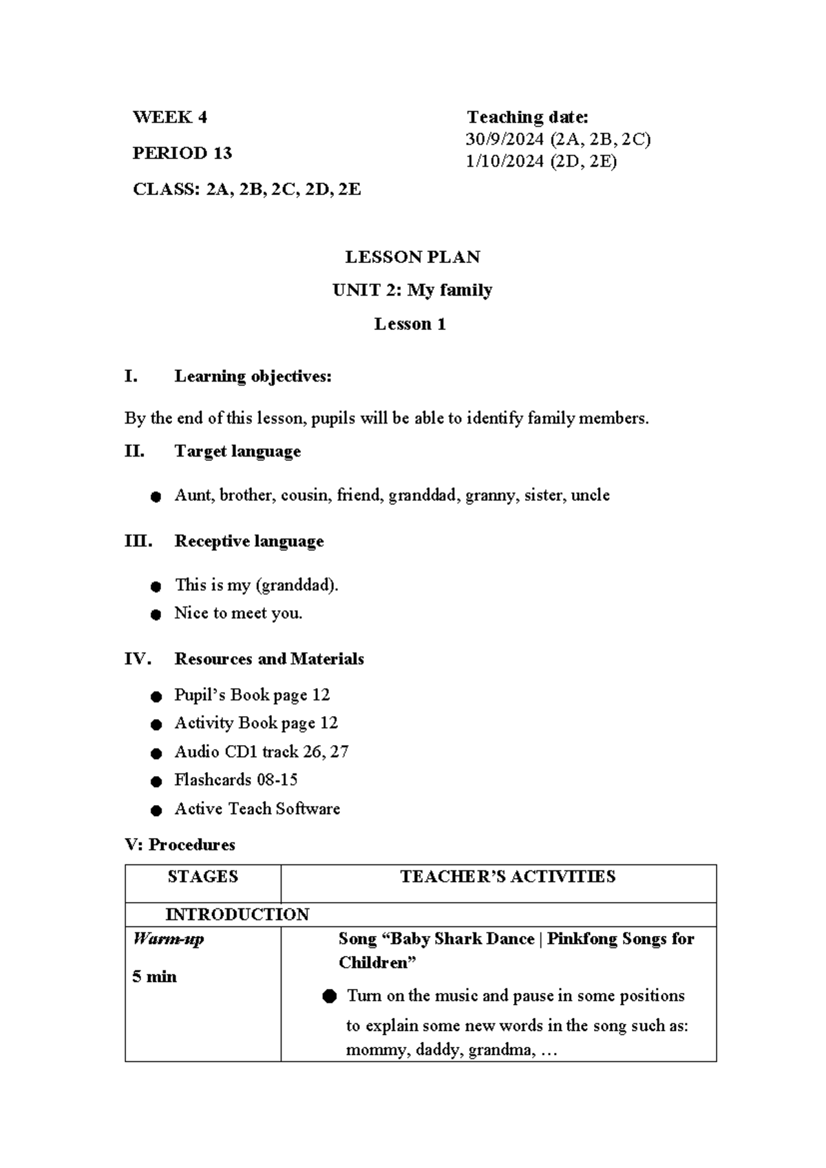 English 2 Week 4 Lesson Plans: My Family Unit Activities - Studocu
