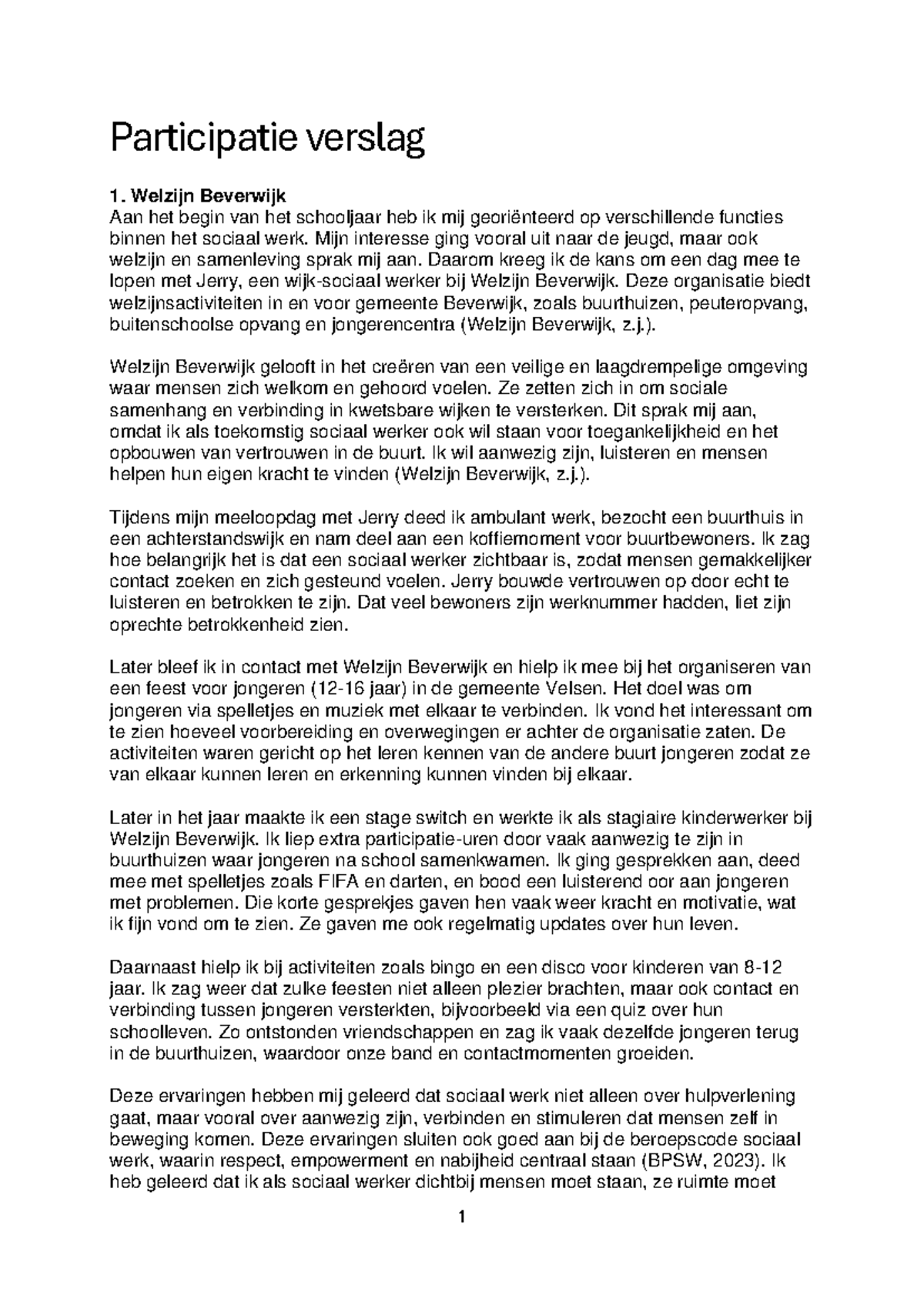 Participatie Verslag 1: Ervaringen in Sociaal Werk - Welzijn Beverwijk ...