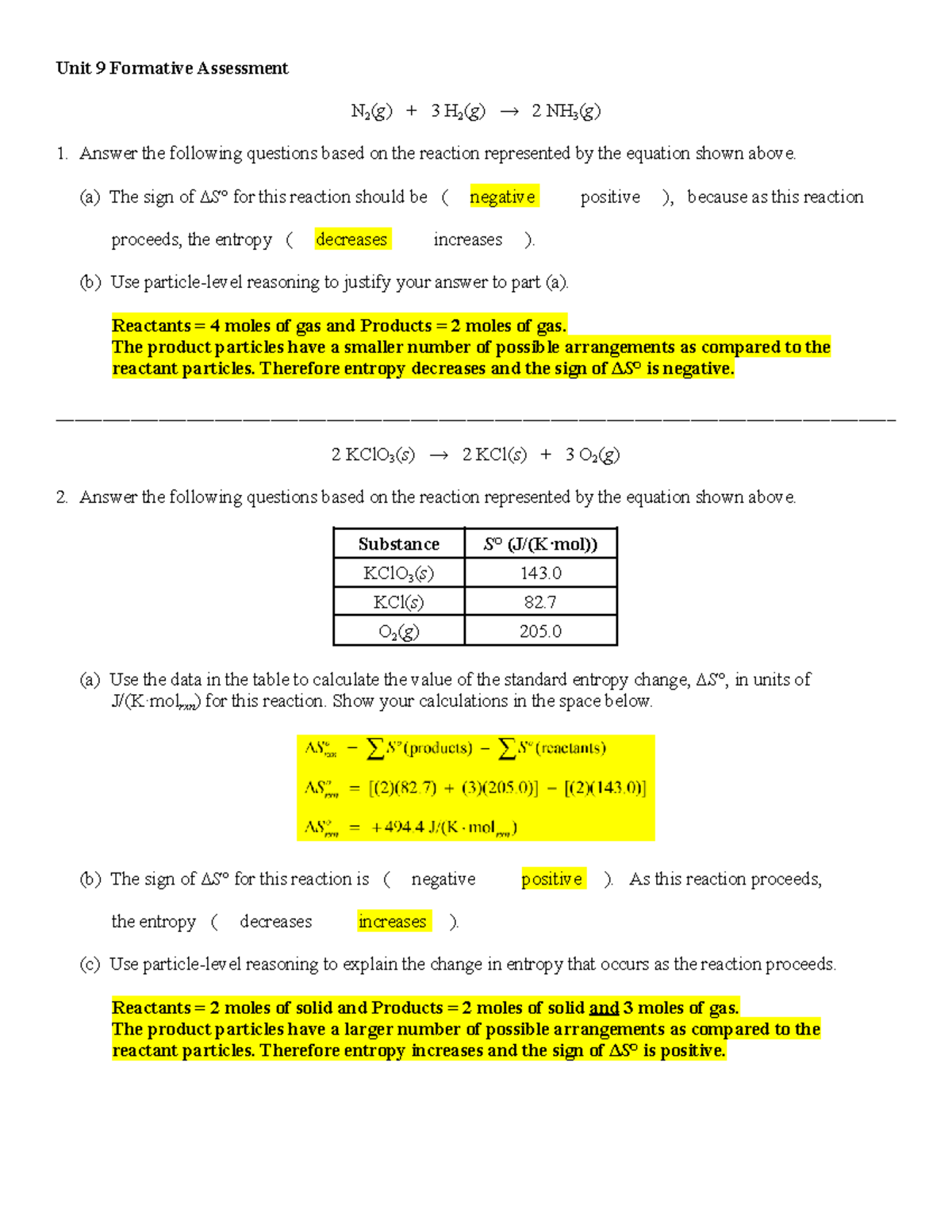 AP Chemistry Review Unit 9 Formative Assessment Answers - Studocu