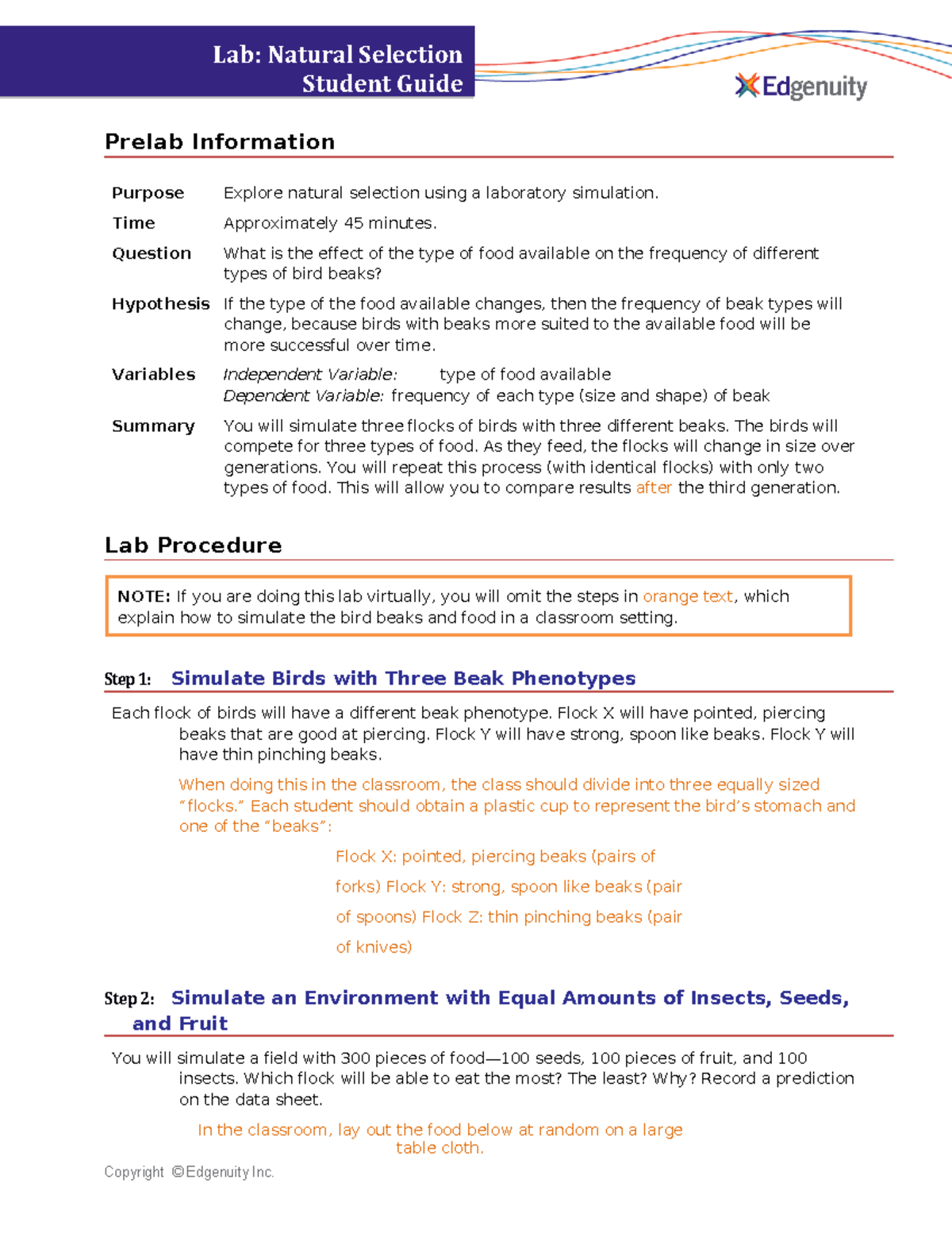 Biology-Natural Selection-Student Guide - Prelab Information Purpose ...