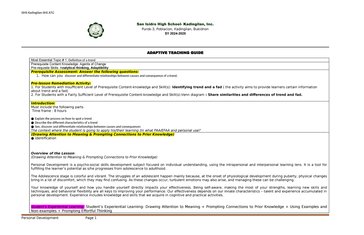 Adaptive Teaching Guide SHS-ATG: Understanding Trends & Fads - Studocu