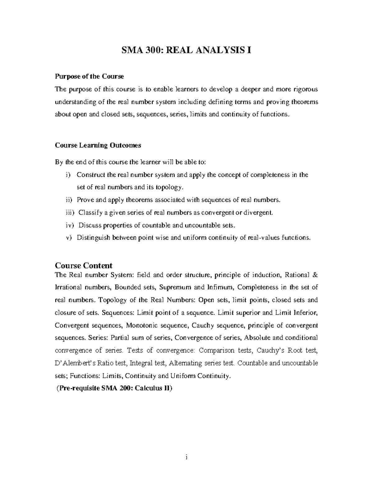 SMA 300: Comprehensive Real Analysis I Study Notes - Studocu