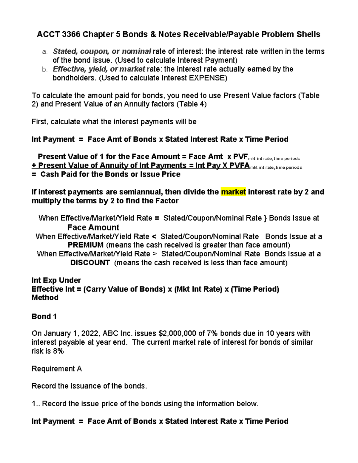 ACCT 3366 Chapter 5 Problem Shells: Bonds & Notes Receivable/Payable ...