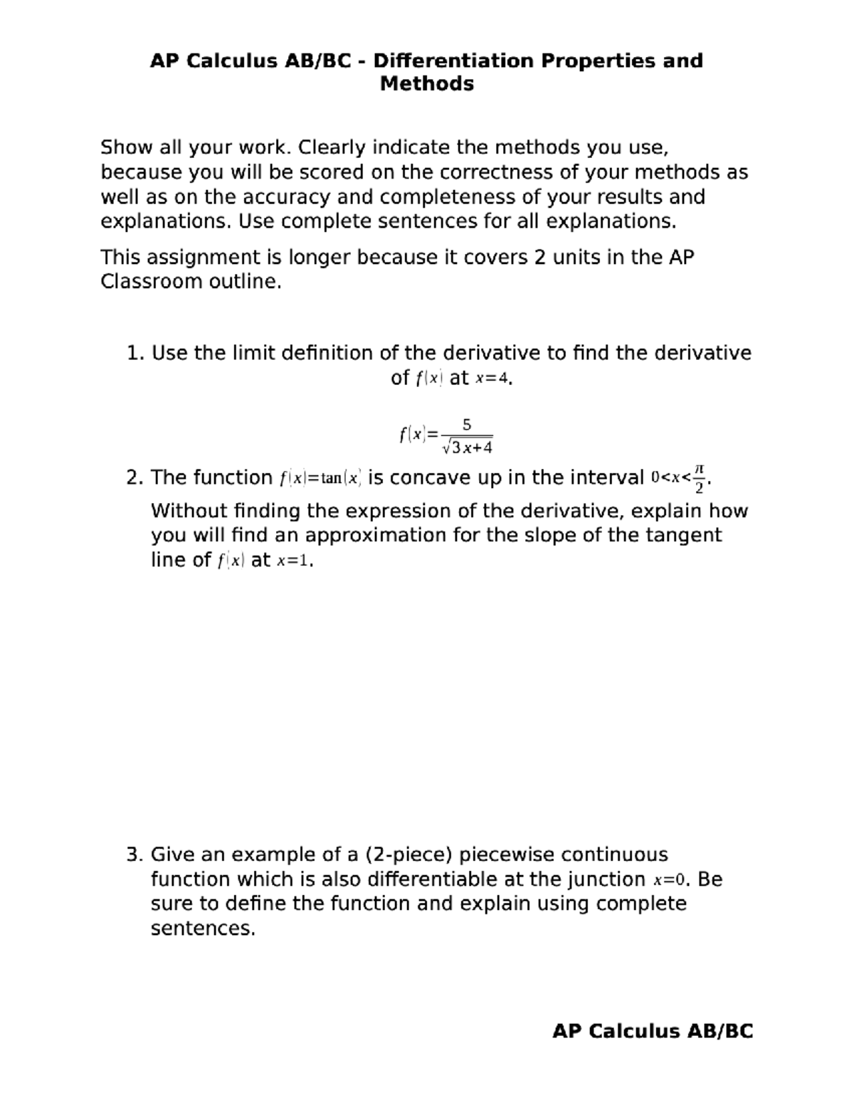 AP Calculus AB Assignment 2: Differentiation Properties & Methods - Studocu