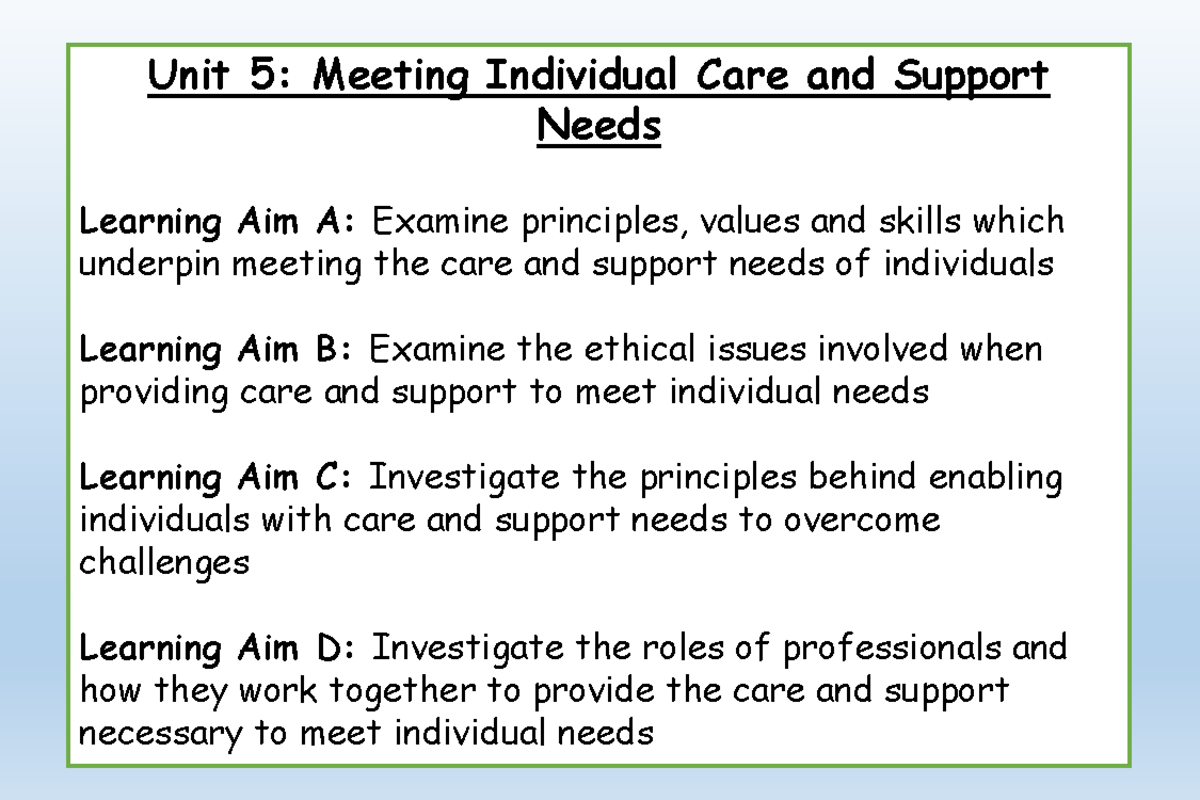 Unit 5: Meeting Individual Care Needs - Principles, Ethics & Skills ...
