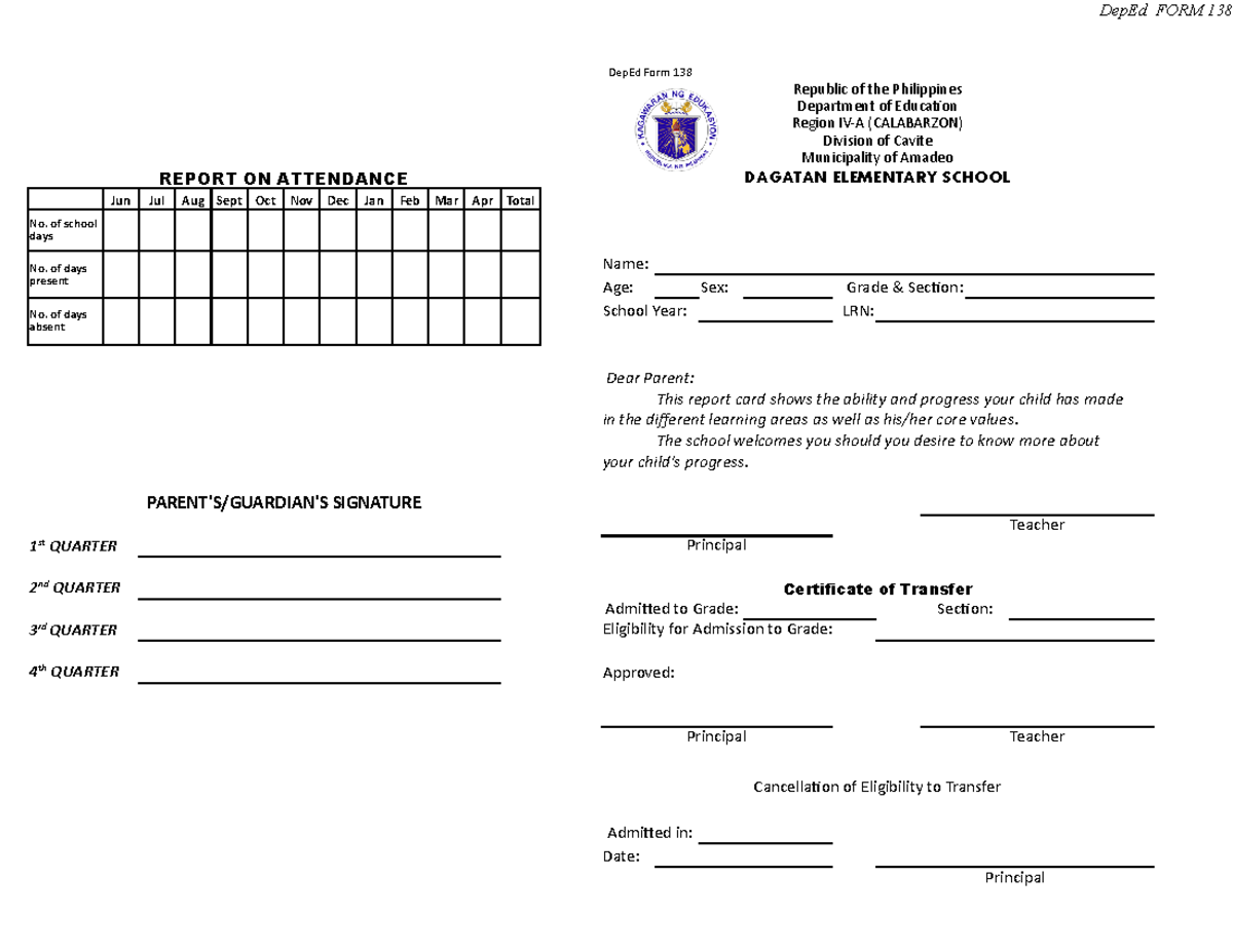 Ilide - DepEd FORM 138 DepEd Form 138 Republic of the Philippines ...