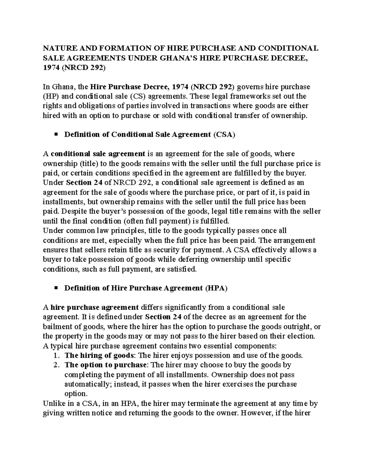 HIRE PURCHASE AND CONDITIONAL SALE AGREEMENTS UNDER NRCD 292 - Studocu