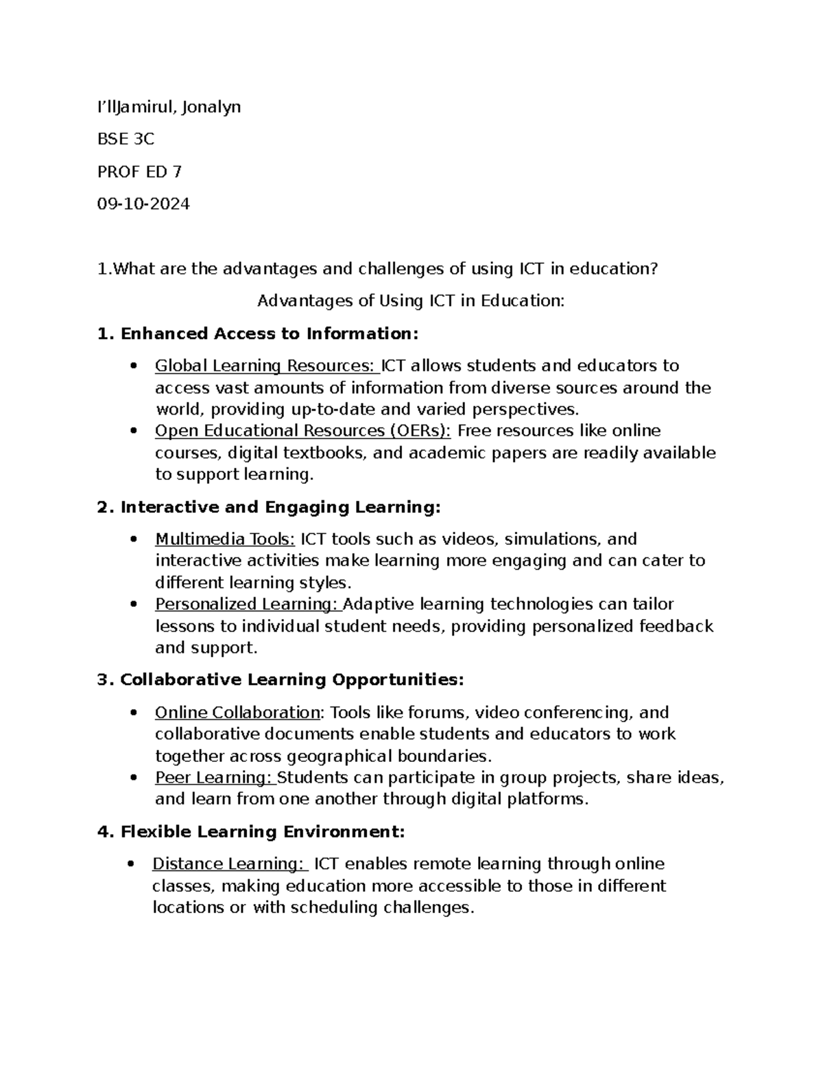 Advantages and Challenges of ICT in Education - BSE 3C PROF ED 7 - Studocu