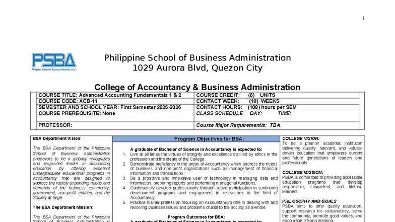 ACB 11 Advanced Accounting Fundamentals 1 Course Syllabus - PSBA QC ...