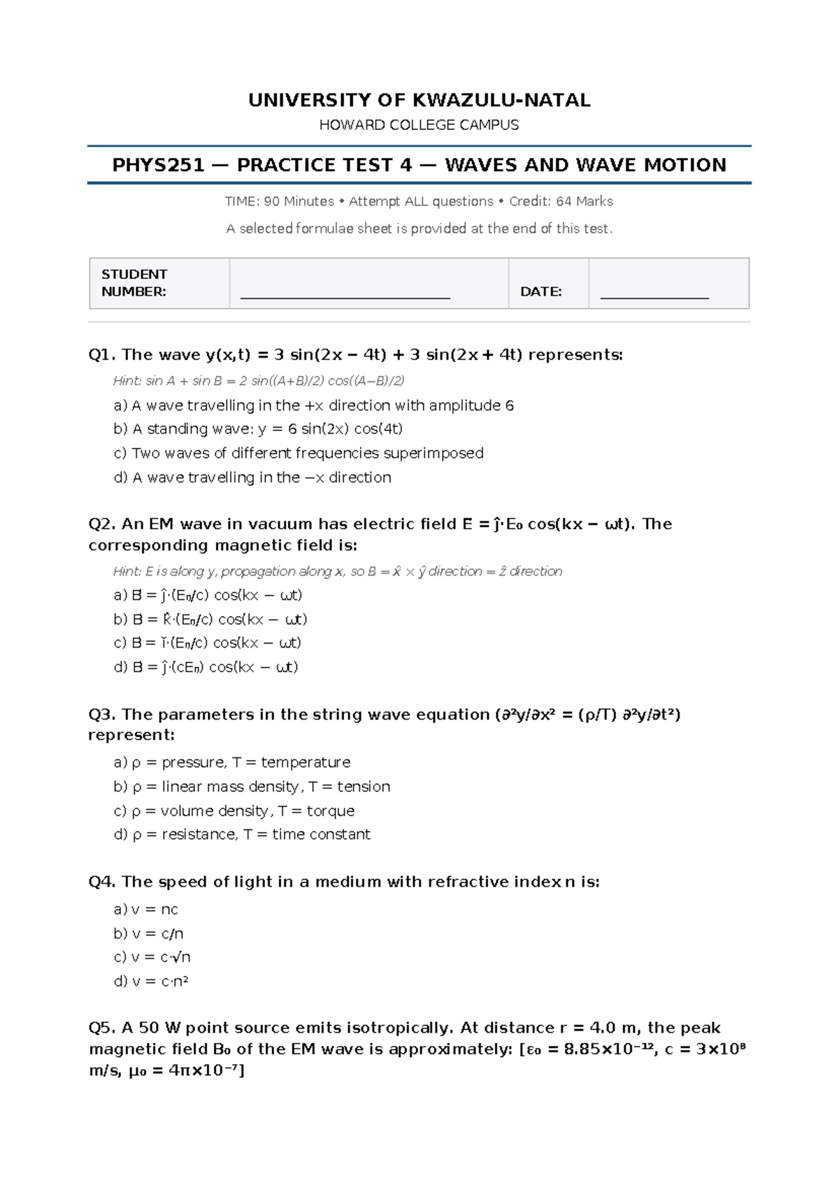 PHYS251 Final Exam Practice Test 4: Waves & Wave Motion - Studocu