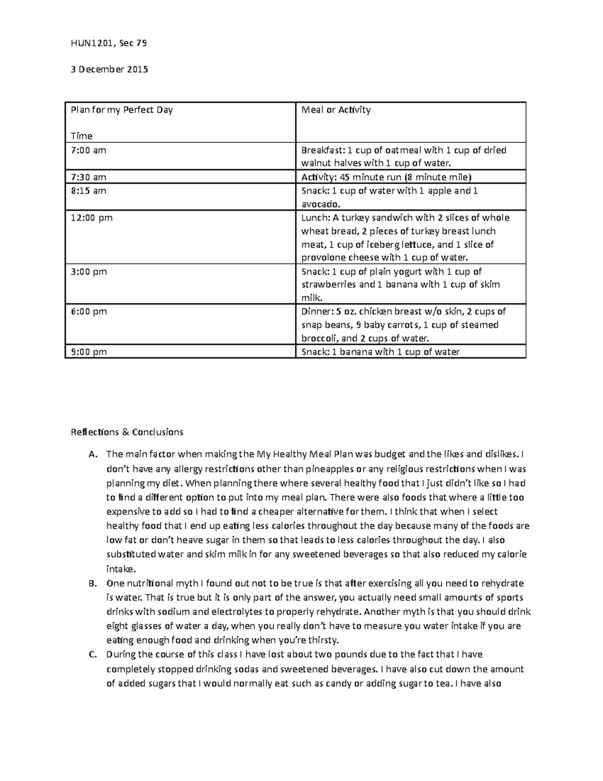 HUN1201 Meal Plan & Reflection: My Healthy Eating Journey - Studocu