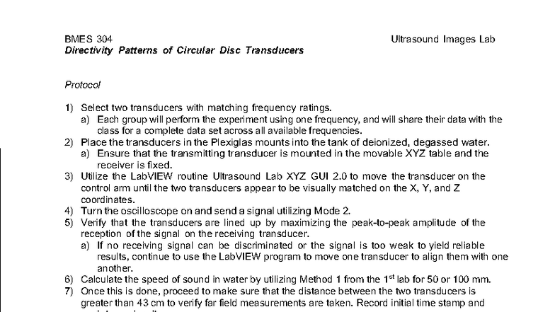 BMES 304 Lab 4 Protocol: Directivity Patterns of Disc Transducers - Studocu