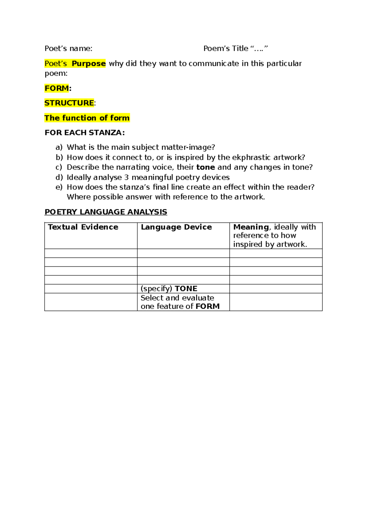 30 Poem Analysis: Exploring Form, Structure, and Tone - Studocu