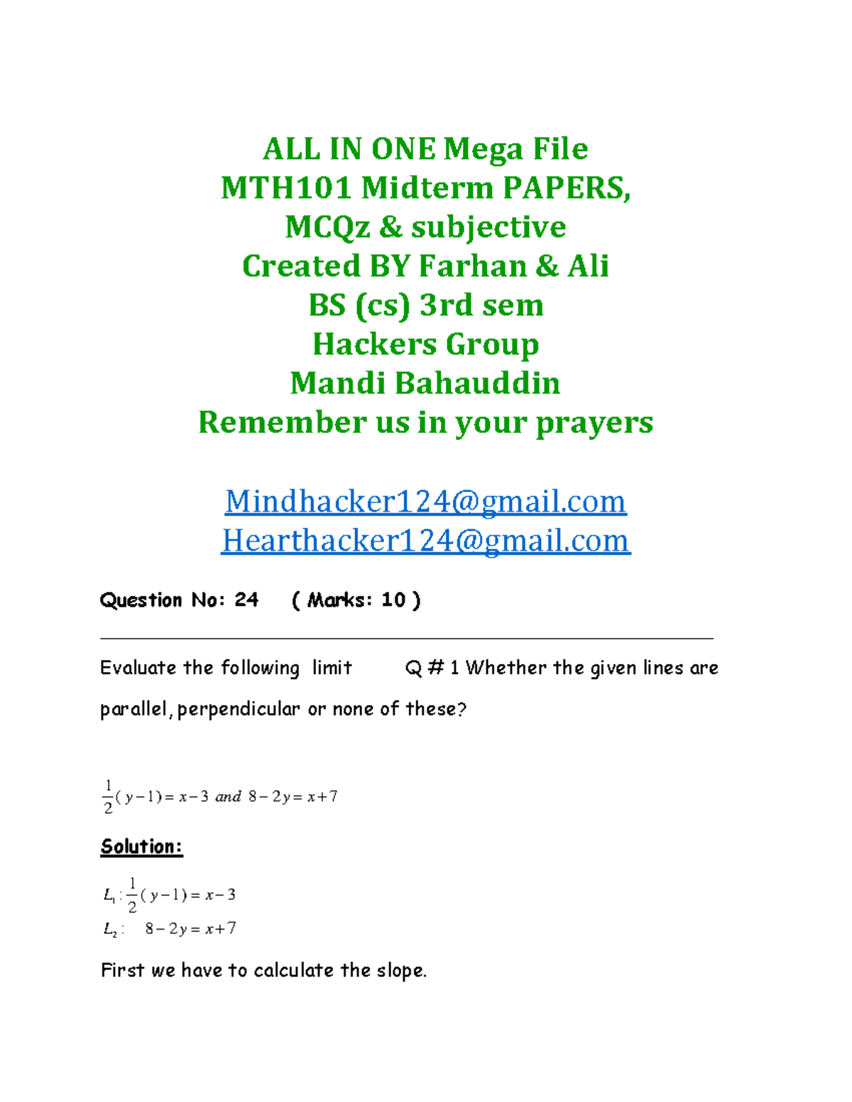 Mth101 Midterm Solved subjective - ALL IN ONE Mega File MTH101 Midterm PAPERS, MCQz & subjective ...
